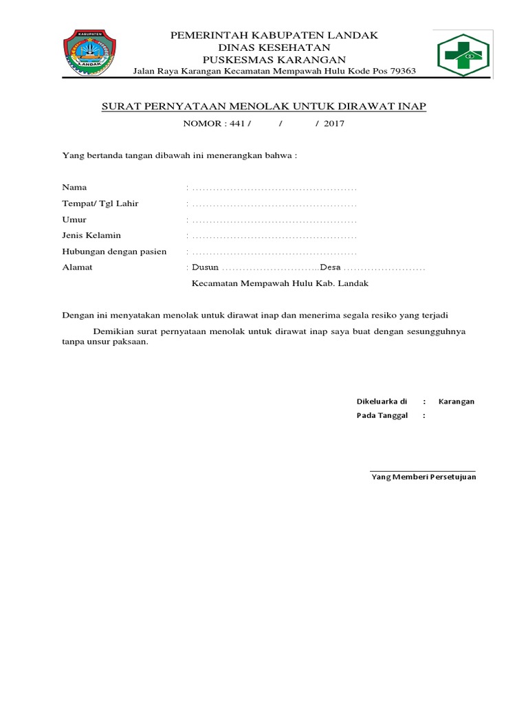 Surat Penolakan Rawat Inap Puskesmas Karangan | PDF