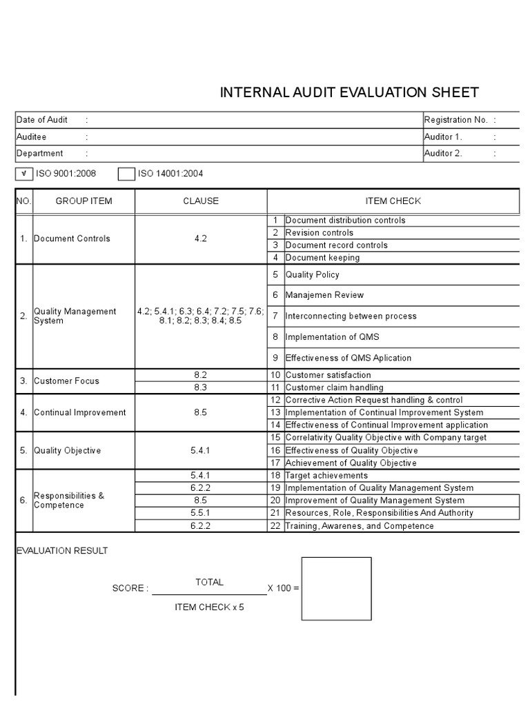 Internal Audit Evaluation Sheet | PDF | Audit | Quality Management