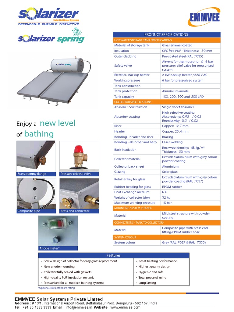 Solarizer Spring Data Sheet | PDF | Water Heating | Glasses