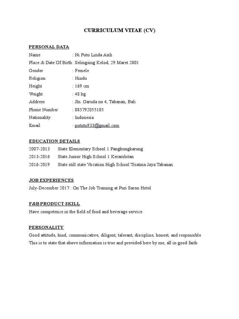 Curriculum Vitae (CV) : Personal Data | PDF