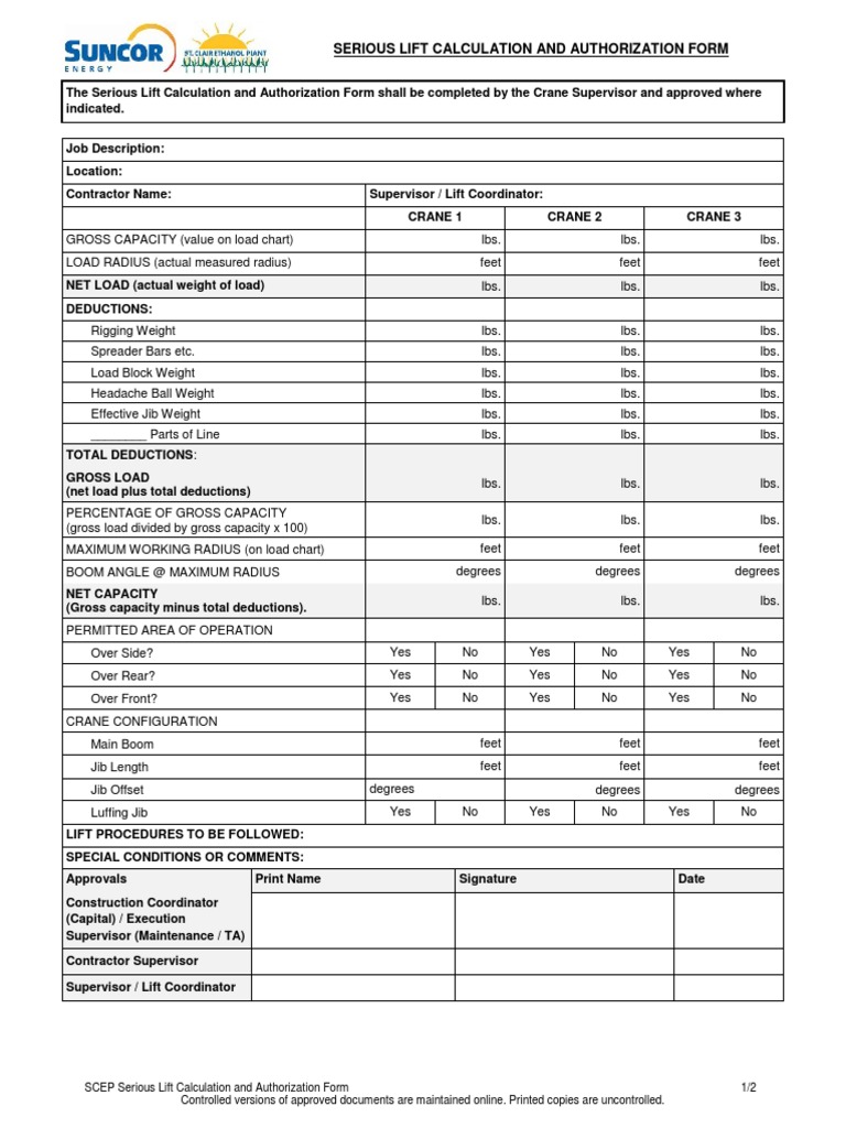 Serious Lift Calculation and Authorization Form | PDF | Crane (Machine)