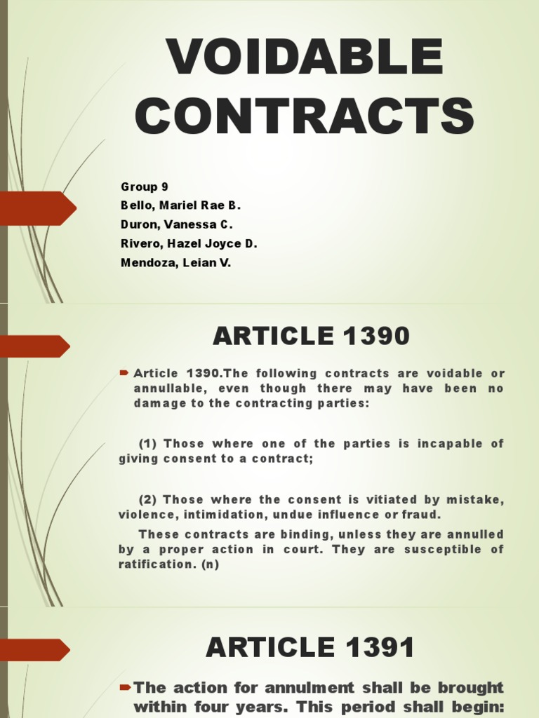 Analysis of Voidable Contracts: Grounds for Annulment, Ratification, Restitution Obligations ...