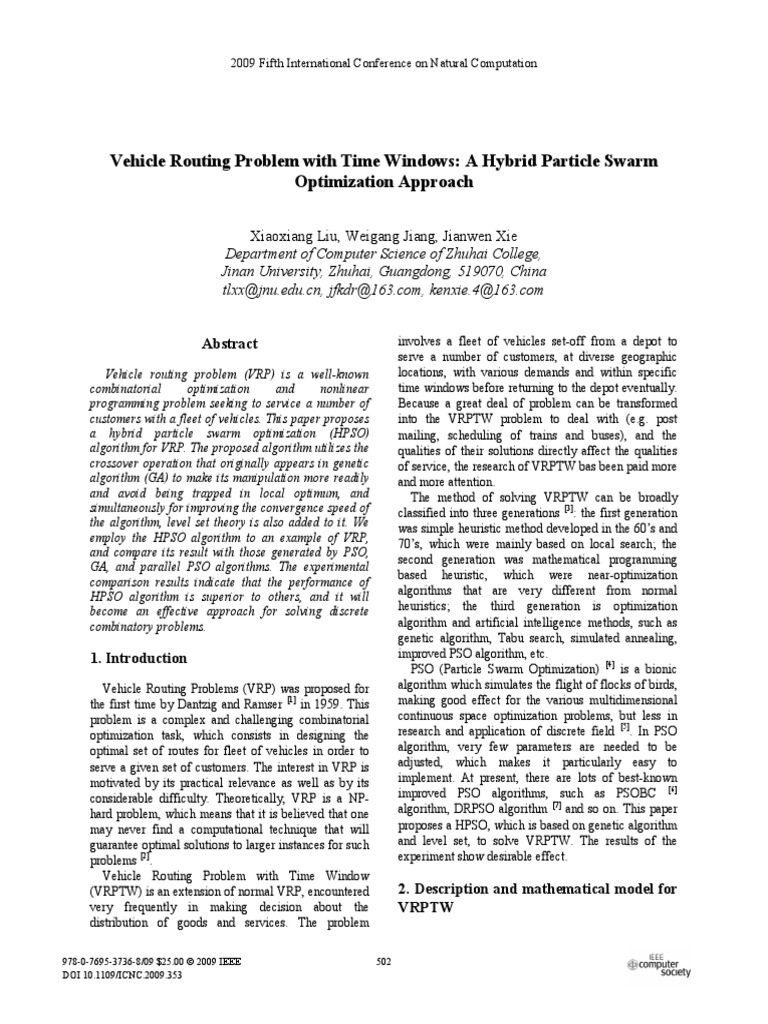 Vehicle Routing Problem With Time Windows A Hybrid Particle Swarm Optimization Approach Pdf 1262