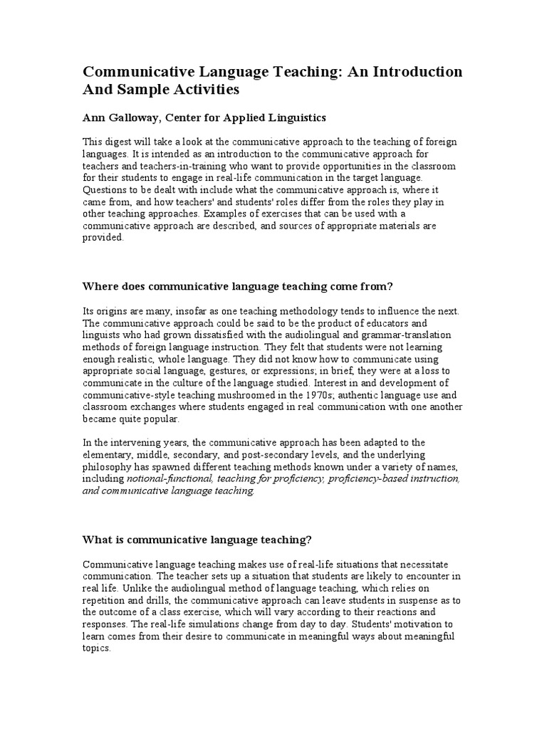 Communicative Language Teaching: An Introduction and Sample Activities ...