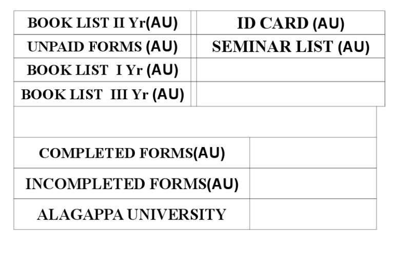 Id Card Seminar List: Book List Ii Yr (Au) (AU) Unpaid Forms (Au) (AU ...