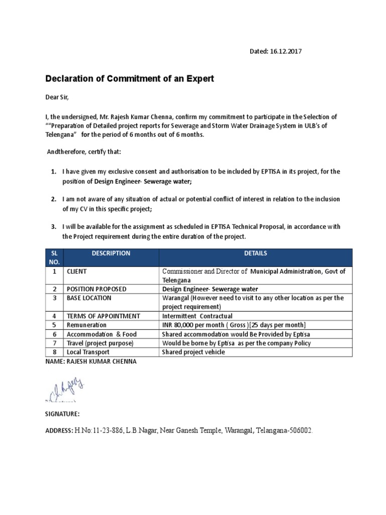 Declaration of Commitment of An Expert: SL NO. Description Details | PDF