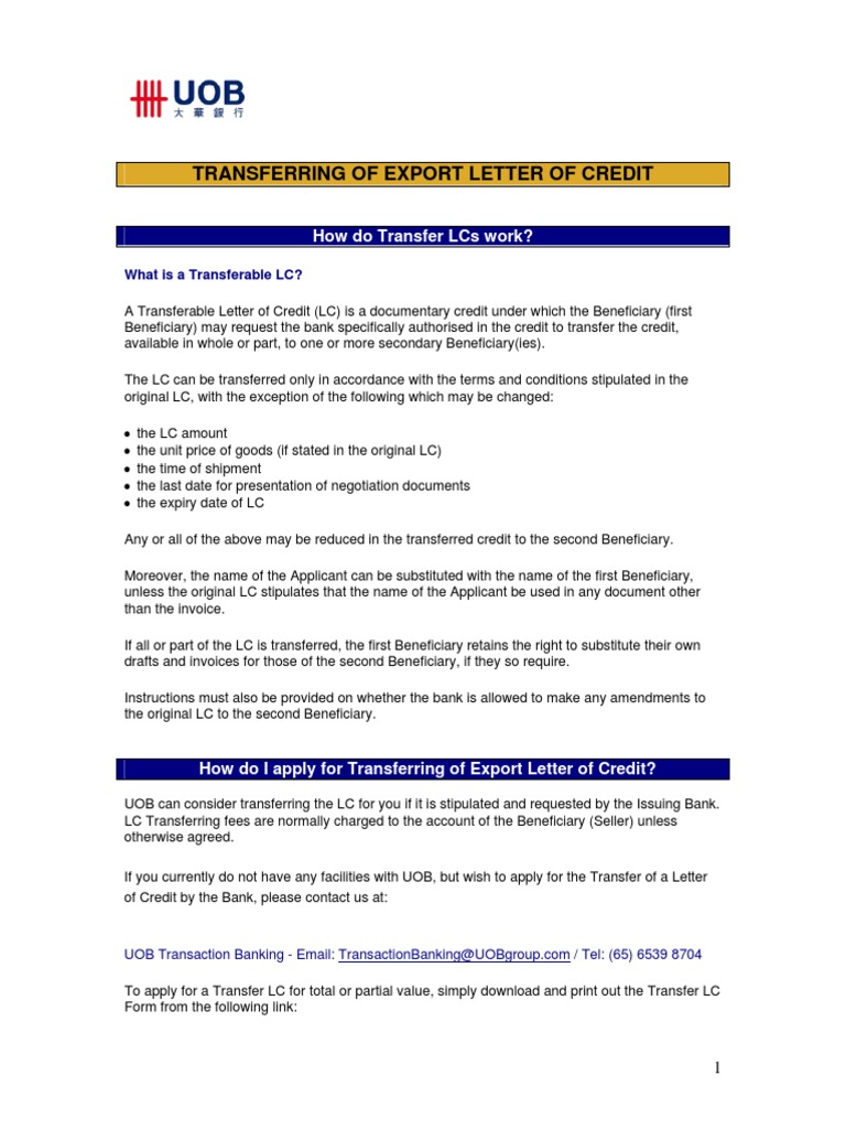 Transferring of Export Letter of Credit 110809 | PDF | Letter Of Credit ...