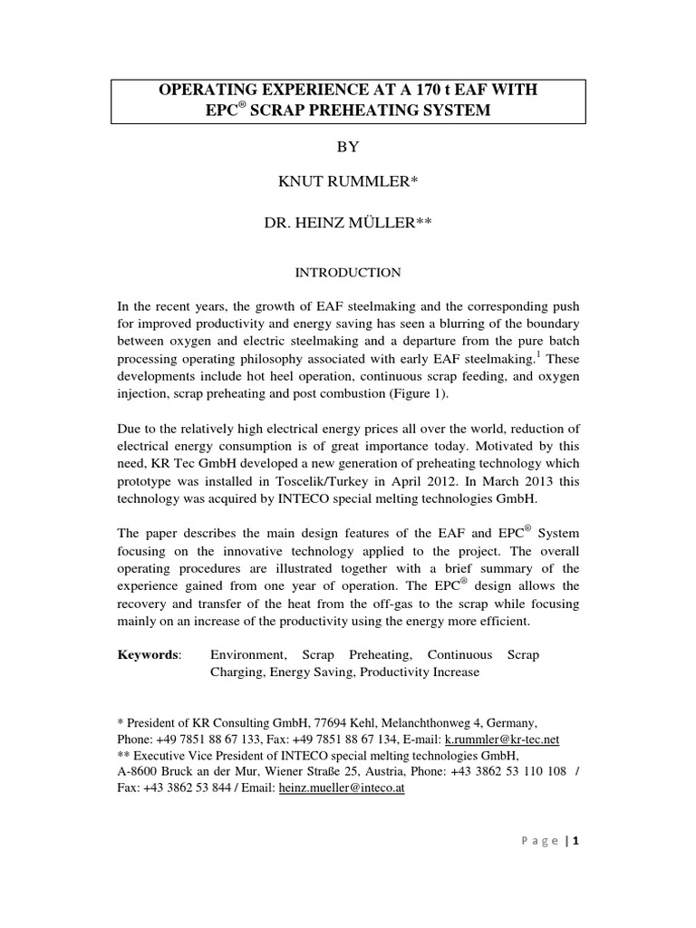 Operating Experience at A 170 T Eaf With EPC Scrap Preheating System ...