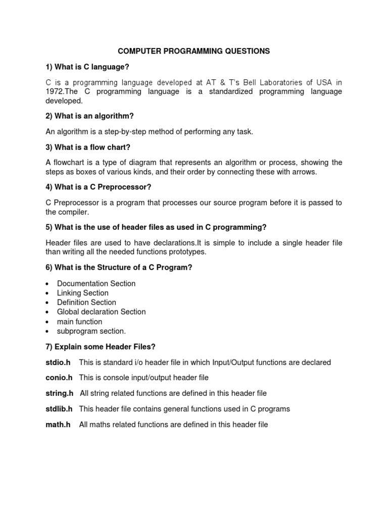 Computer Programming Questions Pdf C Programming Language 6827