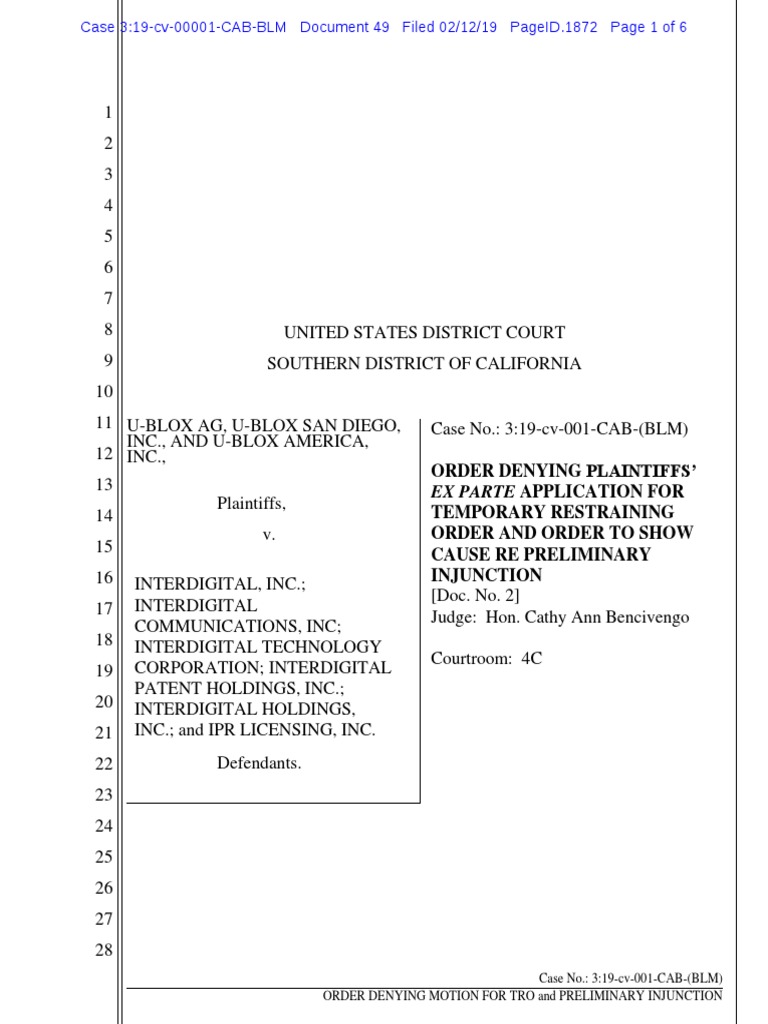 Order Denying Plaintiffs' Temporary Restraining Order and Order To Show Cause Re Preliminary ...