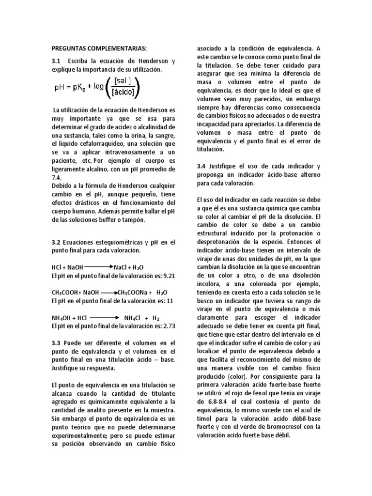 PREGUNTAS COMPLEMENTARIAS Informe N°6 | PDF | Valoración | Química