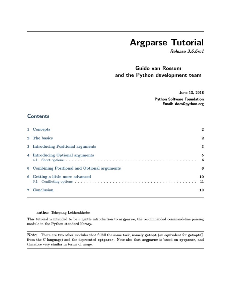 Argparse Tutorial Guido Van Rossum And The Python Development Team Pdf Parameter Computer