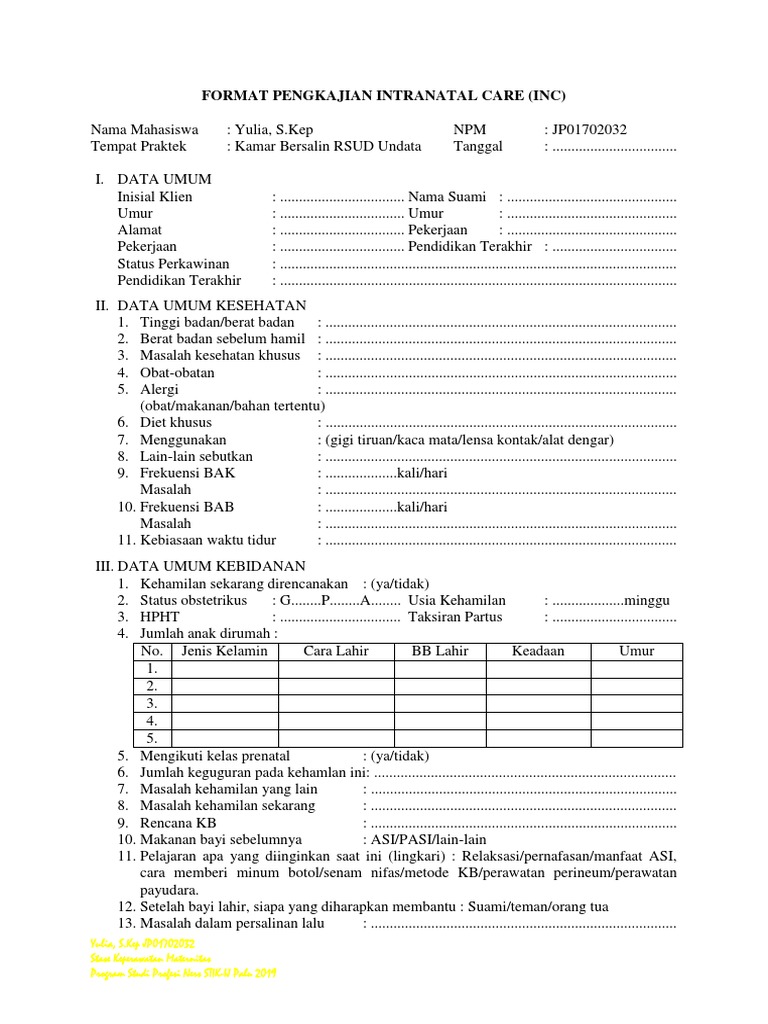 Format Pengkajian Intranatal Care | PDF