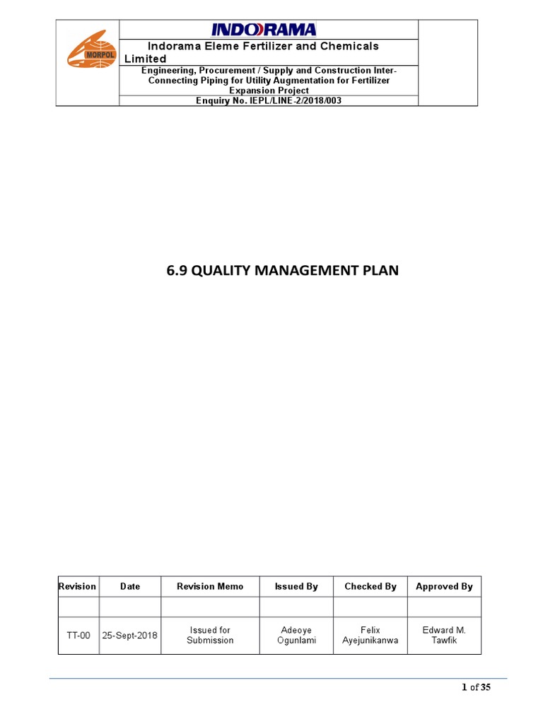 Quality Management Plan for Fertilizer Project | PDF | Quality ...
