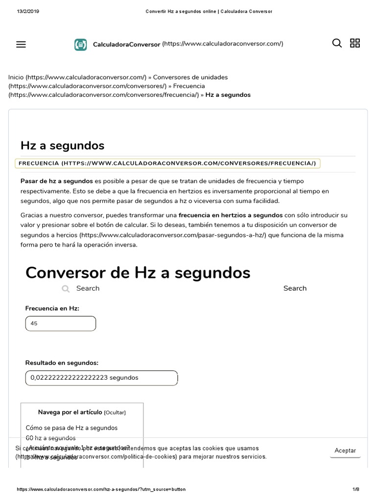 Convertir HZ A Segundos Online - Calculadora Conversor | PDF ...