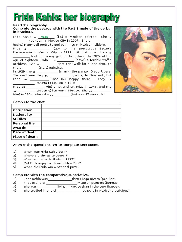 Frida Kahlo Her Biography Grammar Drills Information Gap Activities ...