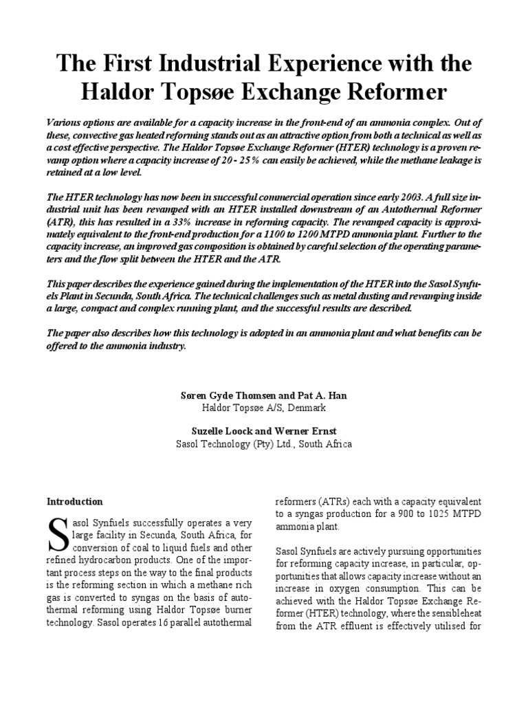 Haldor Topsoe Hter First Experiences | PDF | Chemical Engineering ...