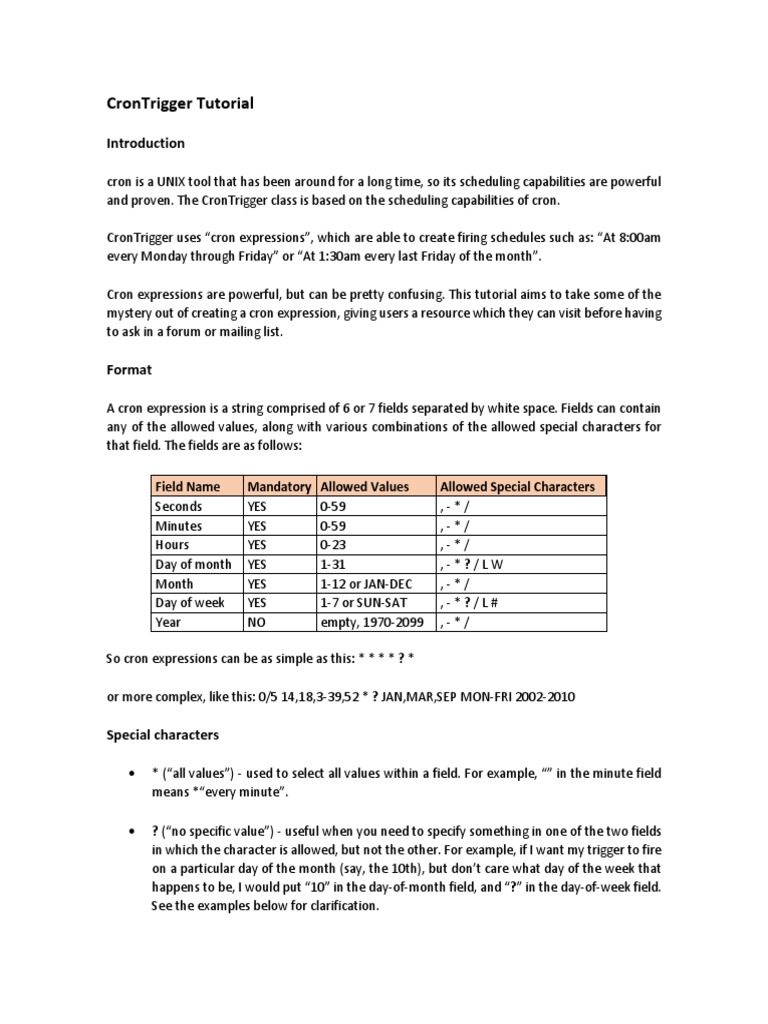 Quartz Cron Expression Java Pdf Workweek And Weekend Computer Programming 