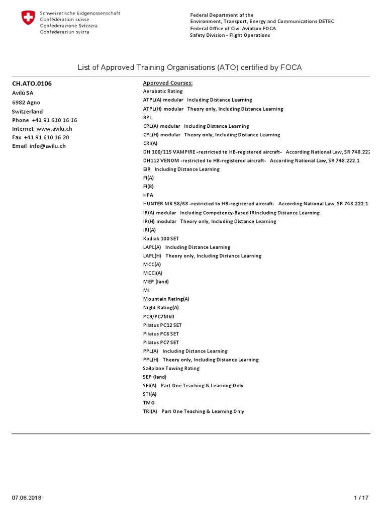 Approved ATOs for Flight Training in Switzerland | PDF | Switzerland ...