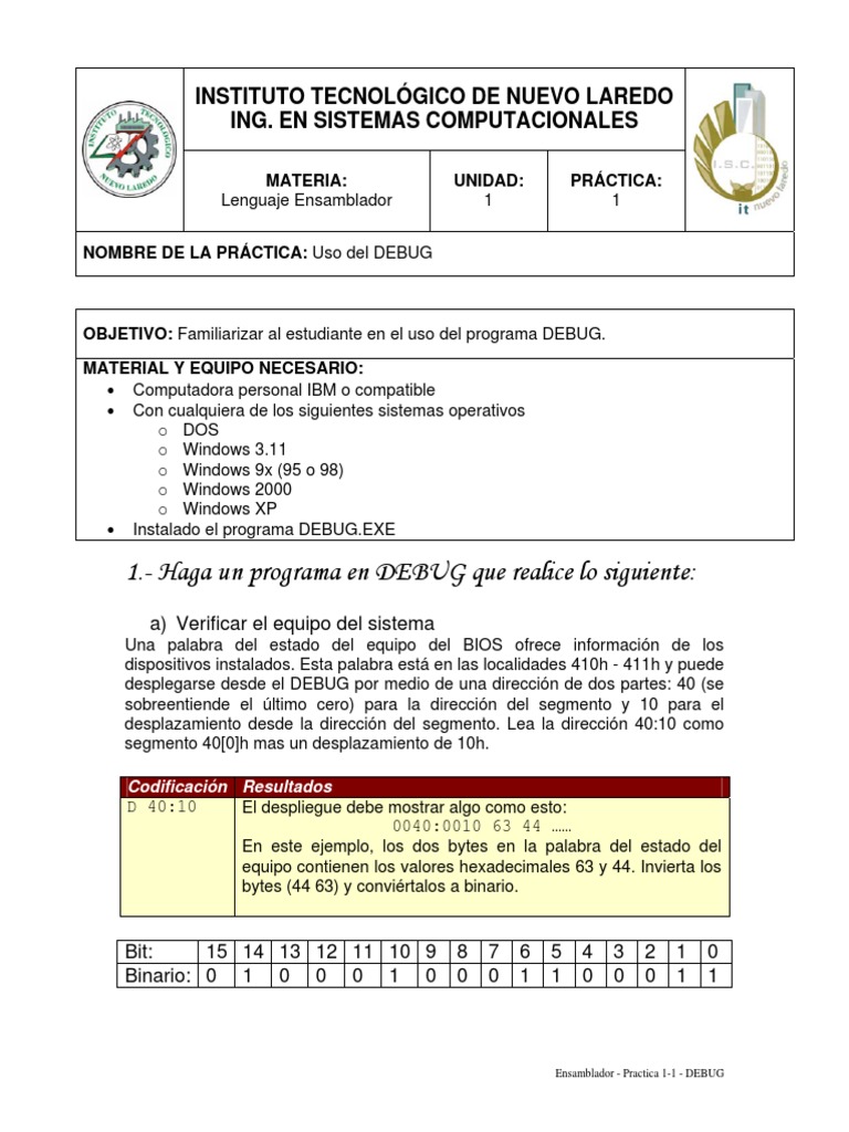 Ensamblador - Practica 1-1 - DEBUG PDF | PDF | Lenguaje ensamblador | Equipo de oficina