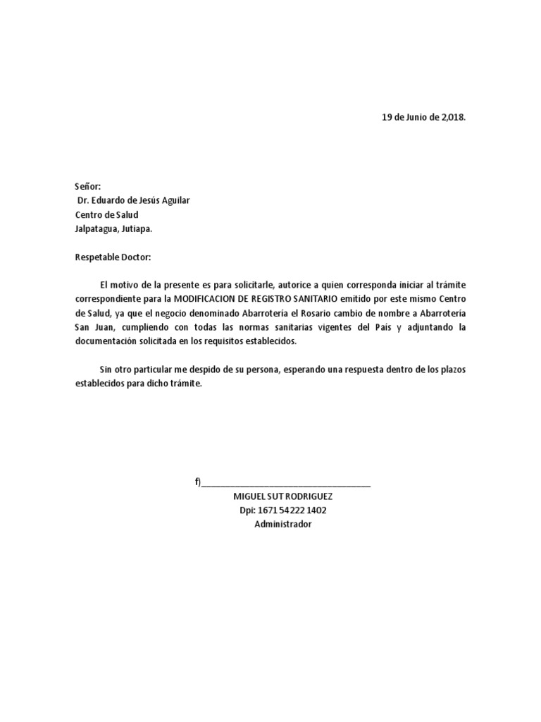 Carta a Doctor Licencia Sanitaria