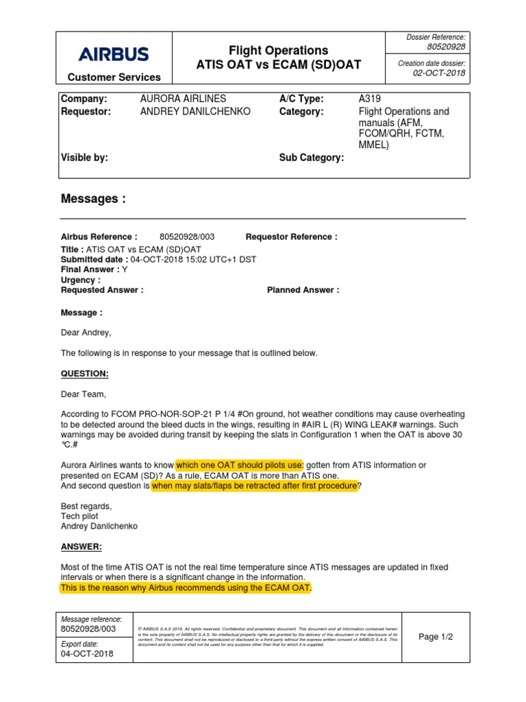 Atis Oat Vs Ecam Oat | PDF | Airbus | Aviation