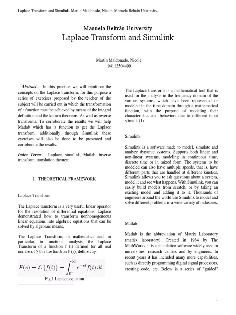 Laplace Transform and Simulink: Manuela Beltrán University | PDF ...