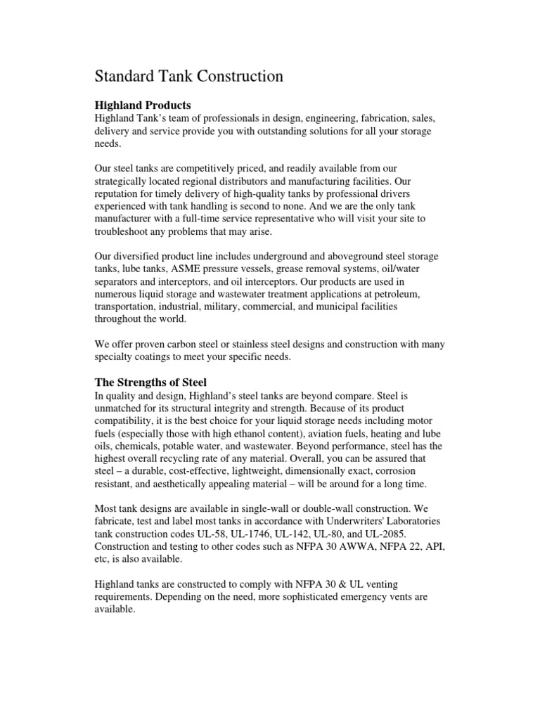 Standard Tank Construction Overview | PDF | Steel | Petroleum