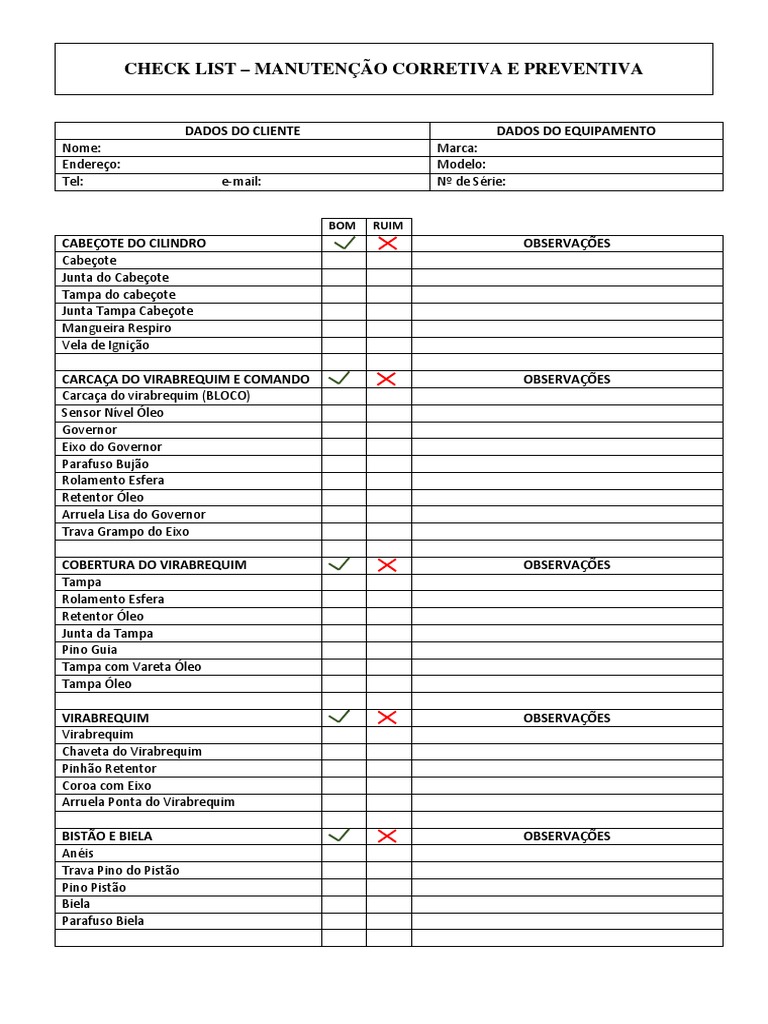 Check List Motor Estacionario | PDF | Parafuso | Motores