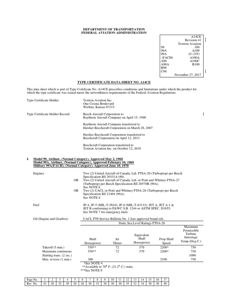 FAA Type Certificate Data Sheet for Beechcraft Model 99 Airliners | PDF ...