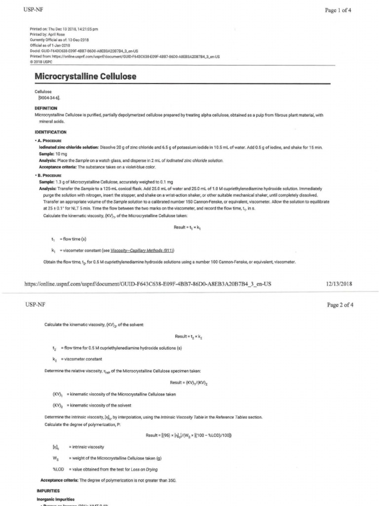 Microcrystalline Cellulose USP Monograph | PDF | Particle Size ...