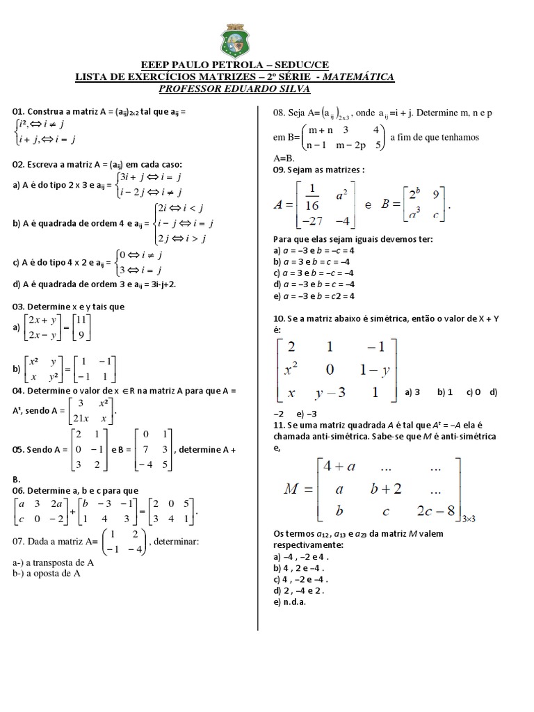 Lista de Exercícios Matrizes | PDF | Ensino de Matemática | Analise ...