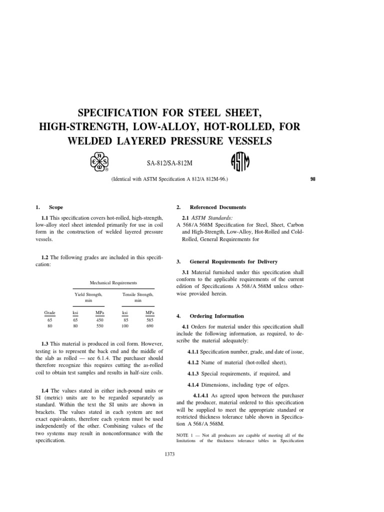 Asme Sa-812 Specification For Steel Sheet, High-Strength, Low-Alloy ...