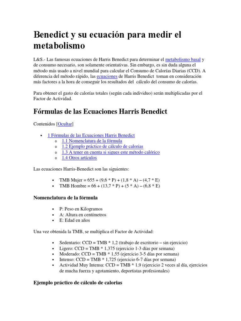 Harris Benedict Formula | PDF | Caloría | Dieta