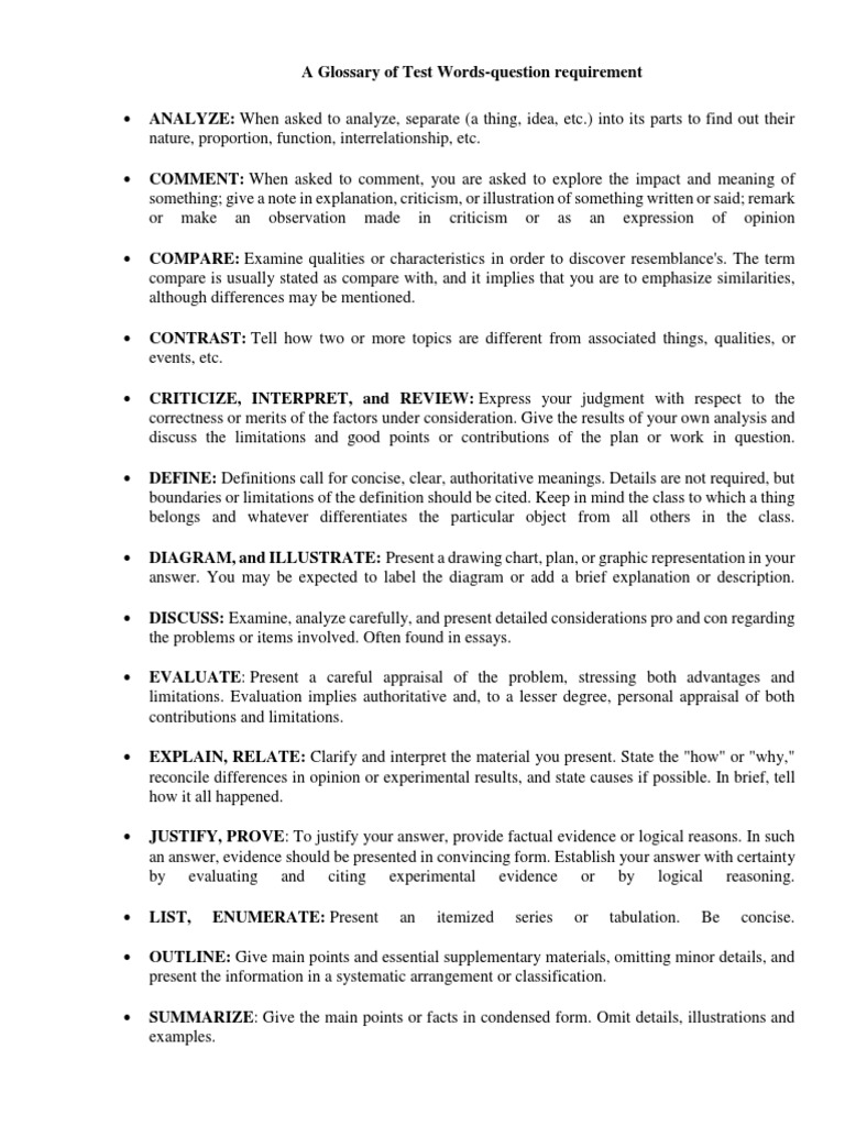 A Glossary of Essay Test Words | PDF | Criticism | Definition