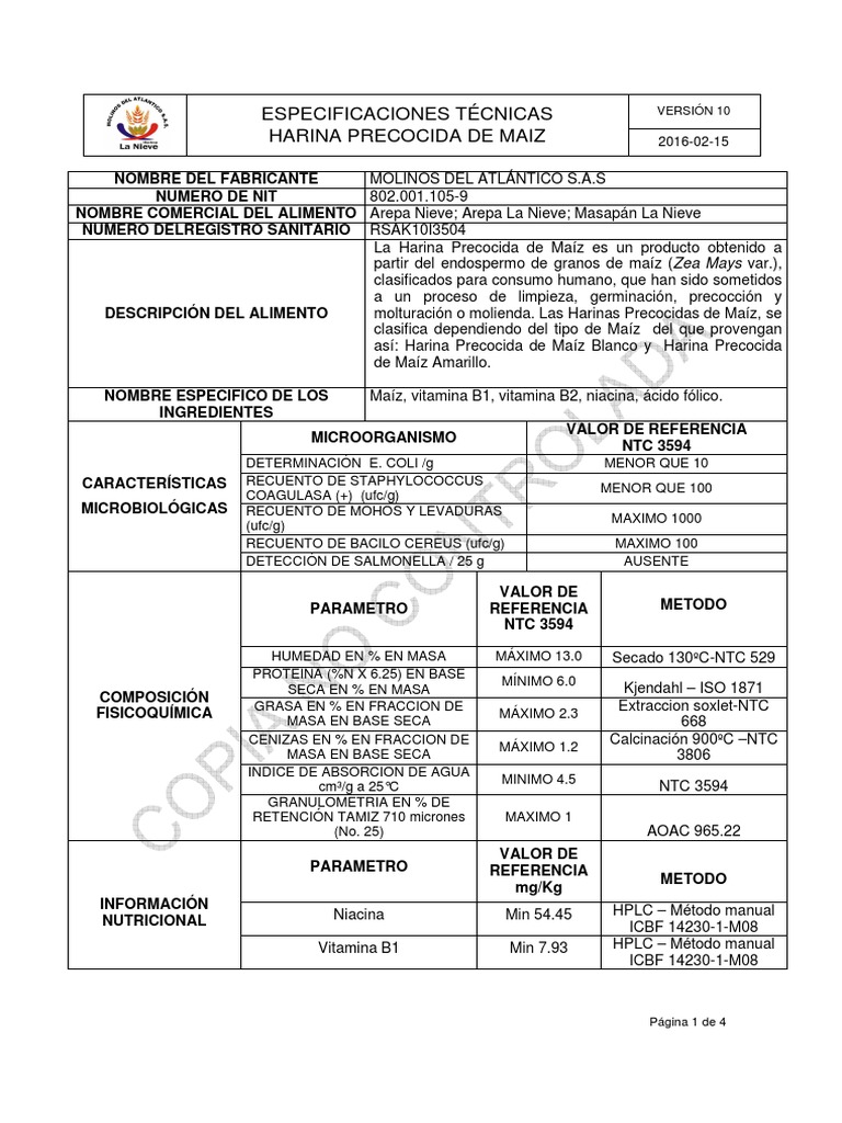 Especificaciones de Harina Precocida | PDF | Maíz | Alimentos