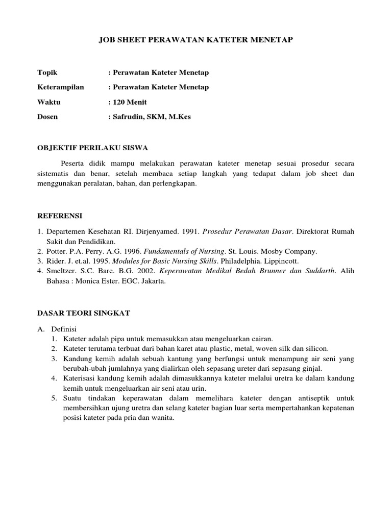 Job Sheet Perawatan Kateter Menetap | PDF