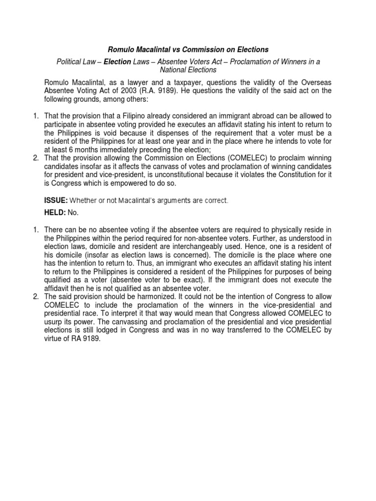 Political Law - Election Laws - Absentee Voters Act - Proclamation of ...