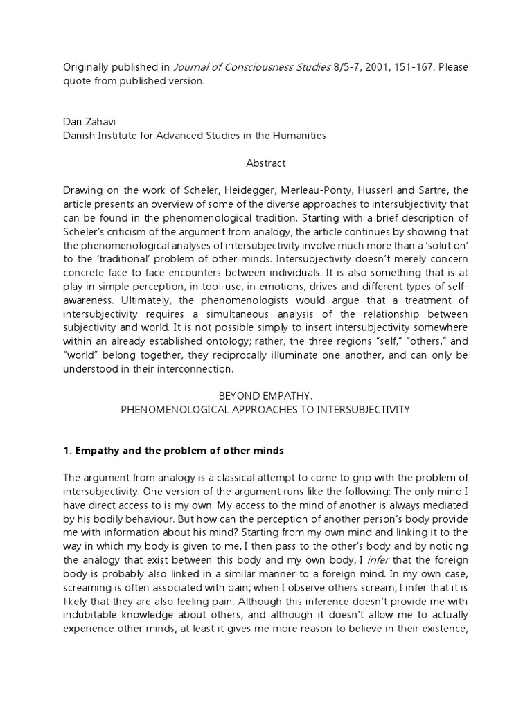 Dan Zahavi - Beyond - Empathy - Phenomenological - Approach PDF | PDF ...
