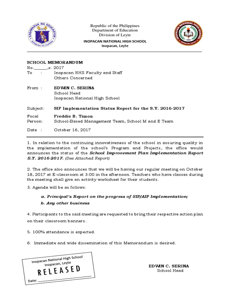 School Memorandum: Republic of The Philippines Department of Education ...