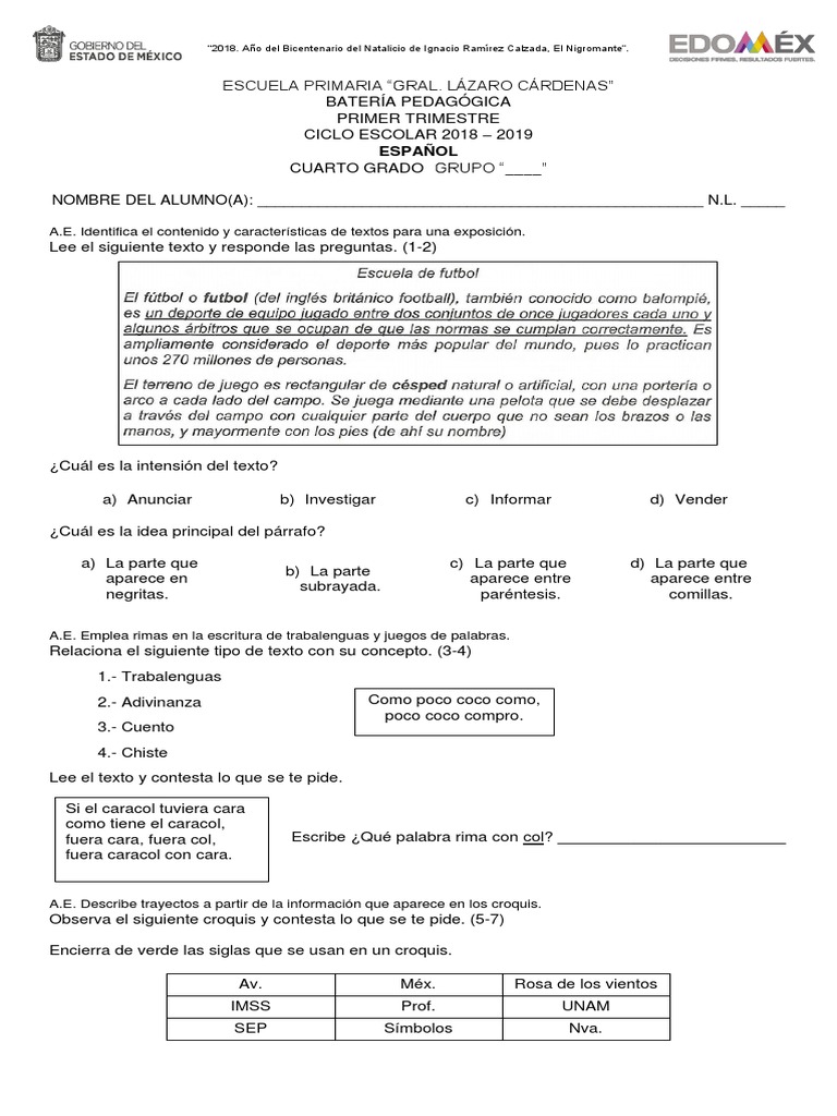 Examen Español 4to Grado | PDF | Antropología cultural
