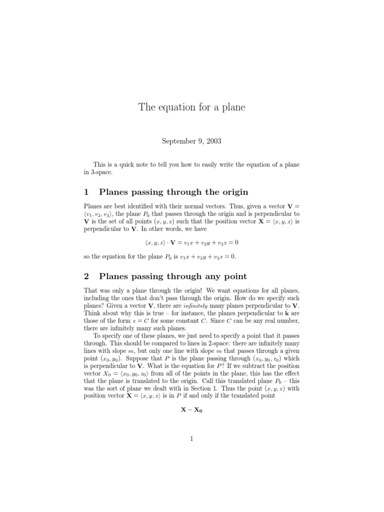 The Equation For A Plane: 1 Planes Passing Through The Origin | PDF ...
