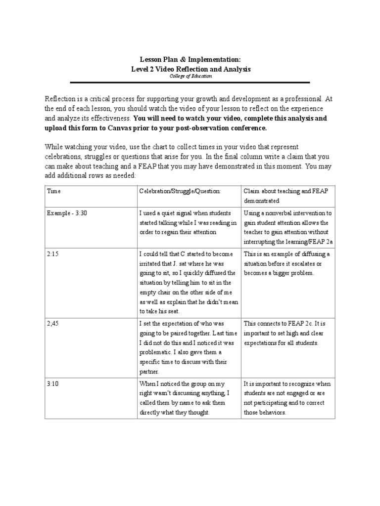 Lesson Plan & Implementation: Level 2 Video Reflection and Analysis ...