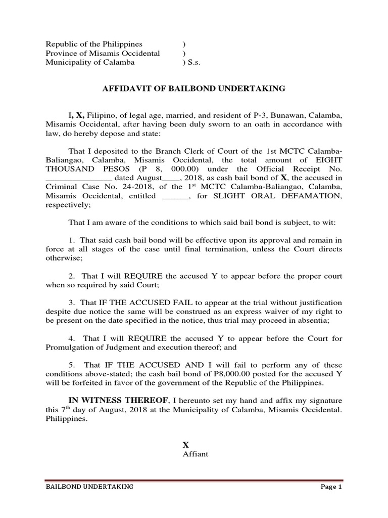 Affidavit of Bailbond Undertaking
