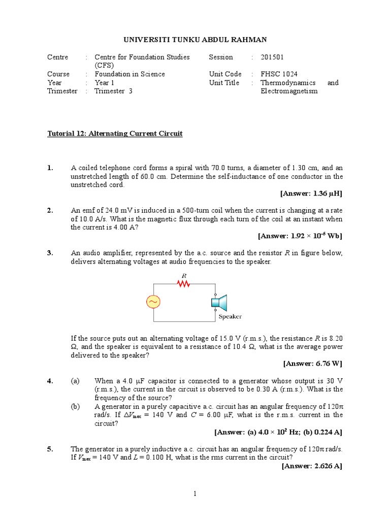 Tutorial 12 Alternating Current Circuit | PDF | Inductor | Electrical ...