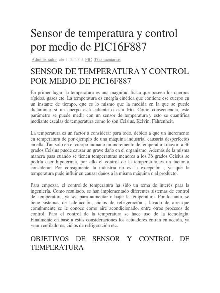 Sensor de Temperatura y Control Por Medio de PIC16F887 | PDF ...