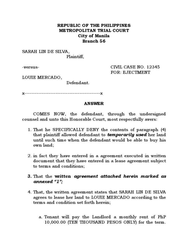 Defendant's Answer to Complaint for Ejectment: Asserting Compliance with Lease Agreement Terms ...