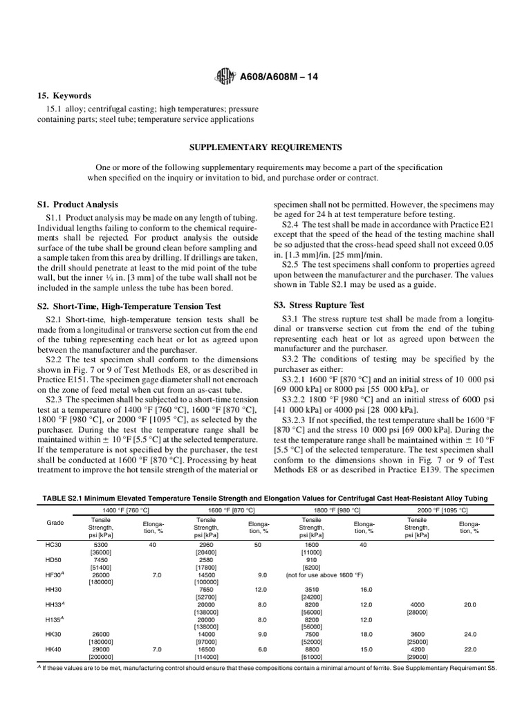 ASTM A608 Supplementary Req | PDF | Ultimate Tensile Strength | Pipe ...