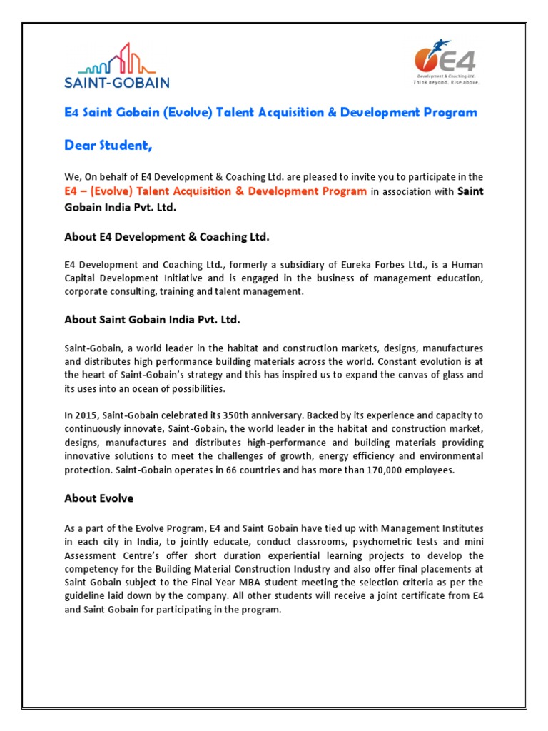 E4 Saint Gobain Evolve Program - Letter to Student.pdf | Employment ...