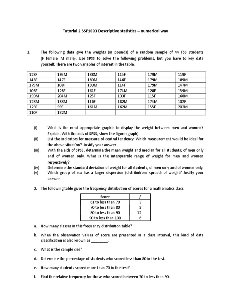Tutorial 2 SSF1093 Descriptive Statistics Numerical Way | PDF | Mean | Statistics